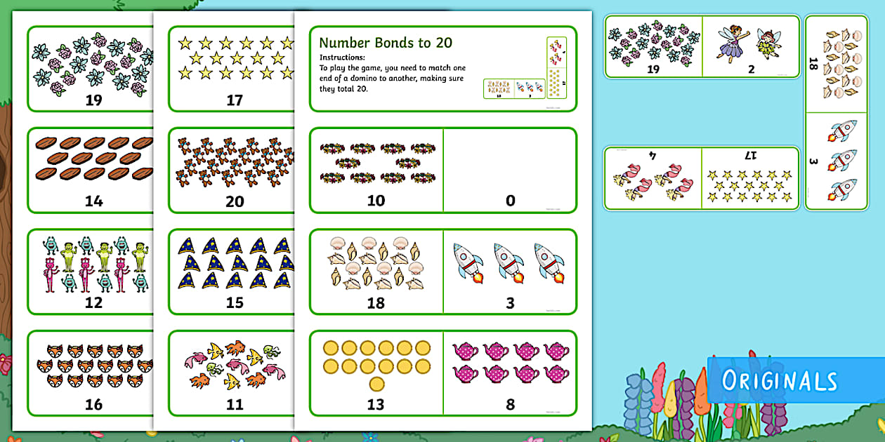 Treasures in the Garden Number Bonds to 20 Dominoes - Twinkl
