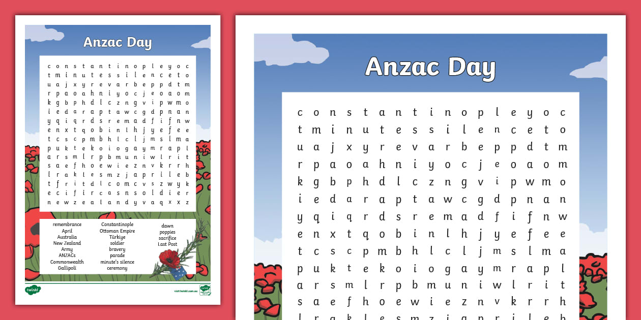 Anzac Day Word Search | Anzac Word Search | Twinkl - Twinkl