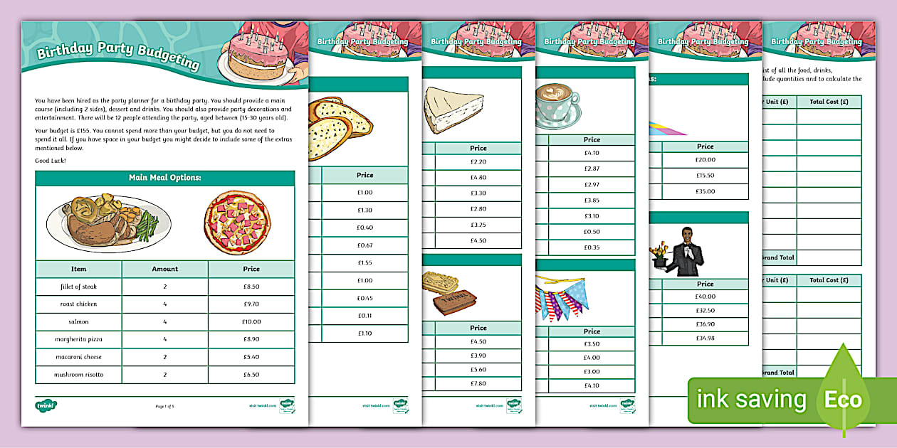 Life Skills: Birthday Party Budgeting Activity Sheet