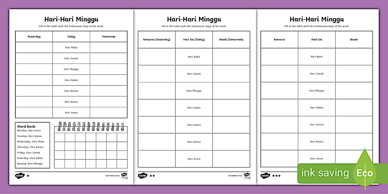 Days of the Week Differentiated Worksheet Indonesian