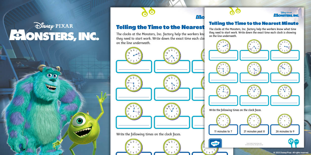 👉 Monsters, Inc.: Monster Maths Telling the Time to the Nearest Minute