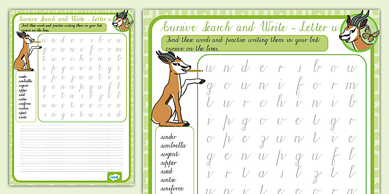 Grade 3 English Cursive Search and Write: Letter u (CAPS)