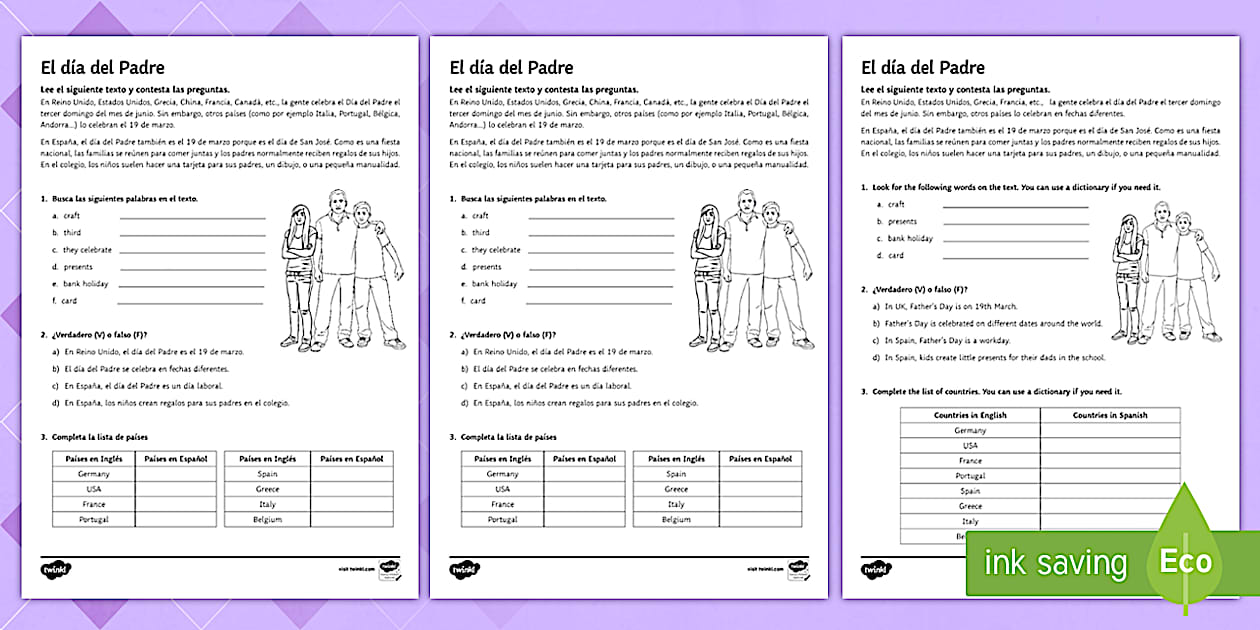 Father's Day Reading Comprehension Activity 1 Spanish