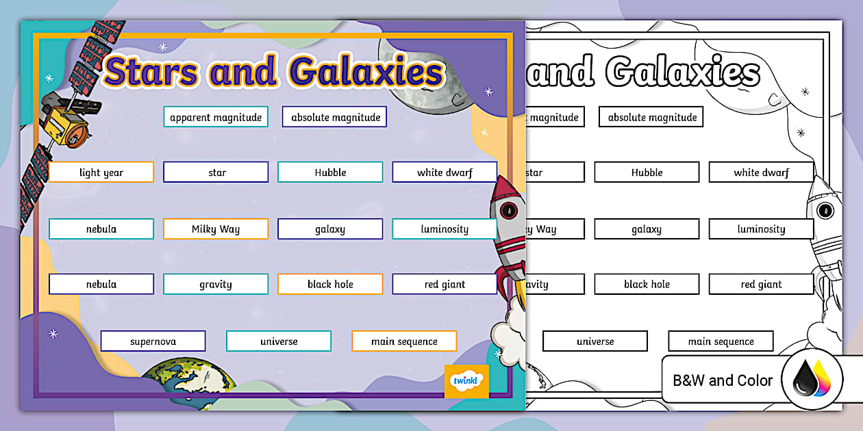 Stars and Galaxies Vocabulary Mat for 6th-8th Grade - Twinkl