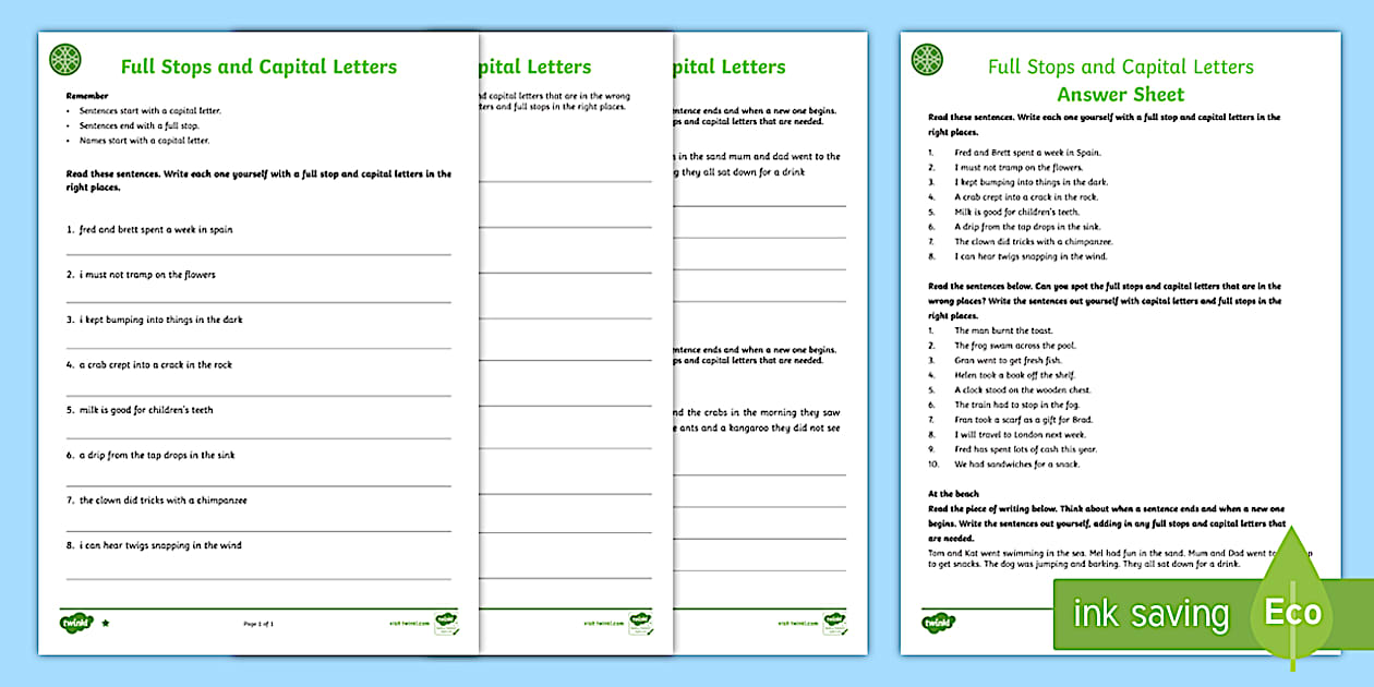 Capital Letters and Full Stops with Phase 4 Words Worksheet