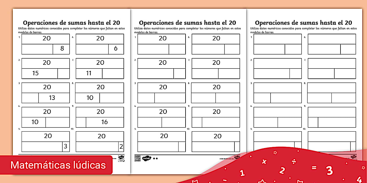 sumas hasta el 20 - ejercicios con barras (teacher made)