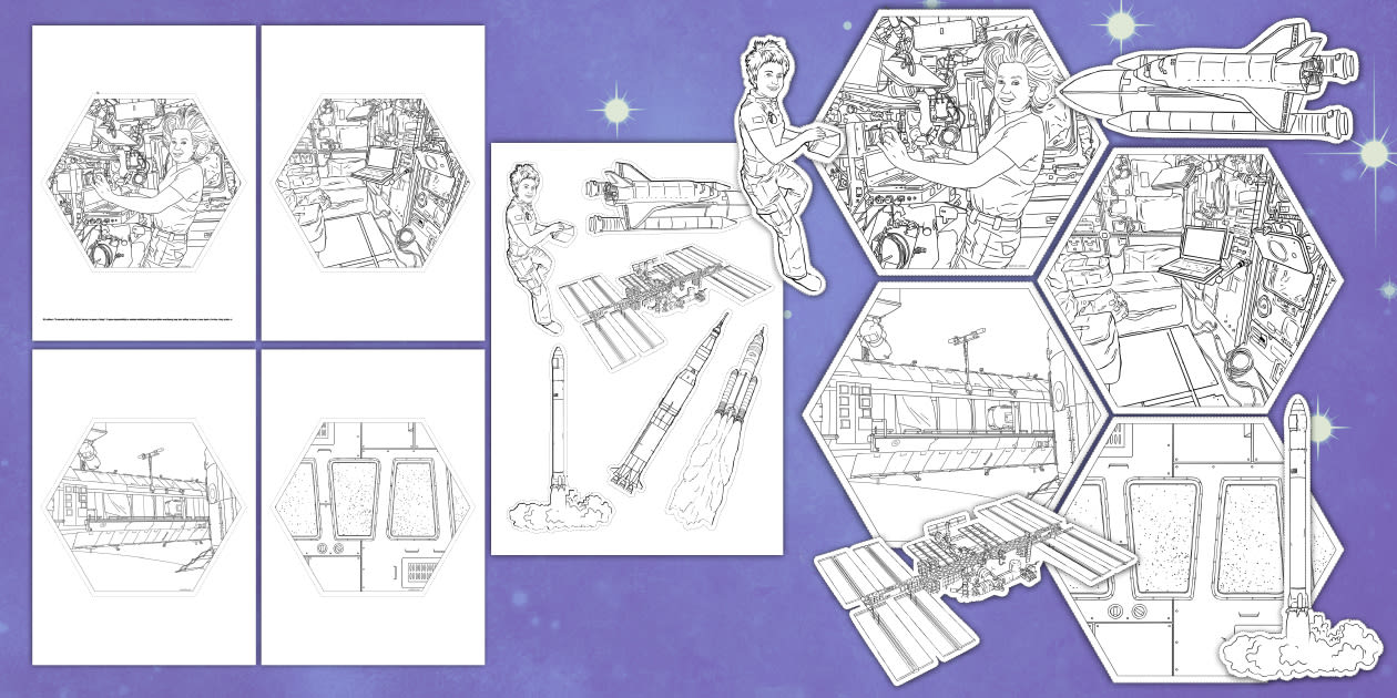 Space Station Hexagon Display Colouring Activity - Twinkl
