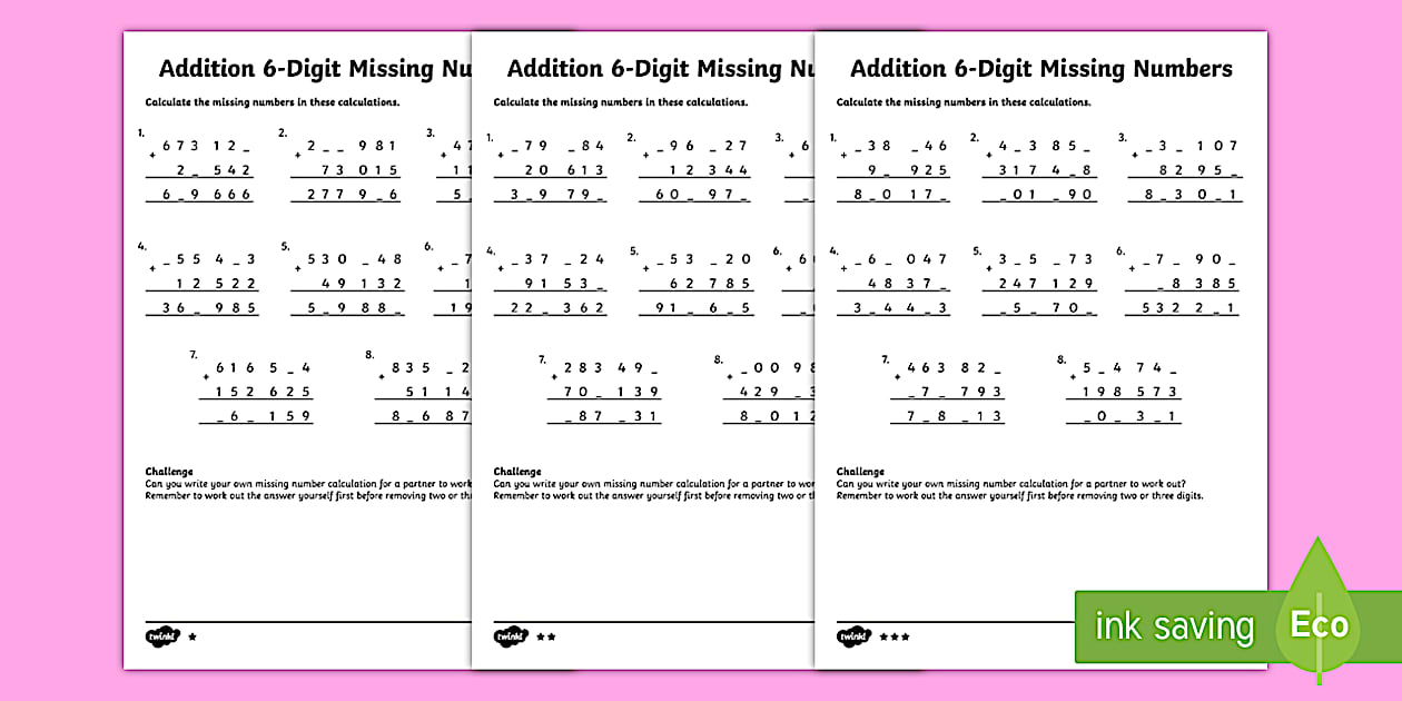 Lower Ability UKS2 Addition 6-Digit Missing Numbers Differentiated ...