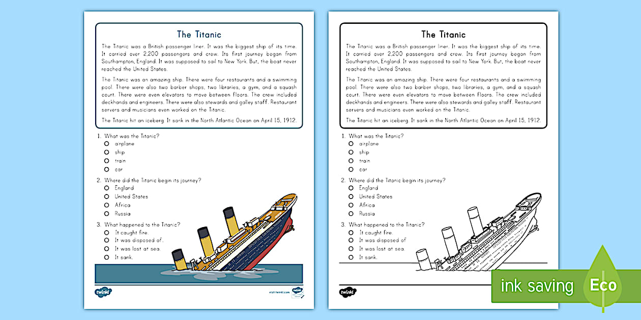 Second Grade The Titanic Reading Passage Comprehension Worksheet