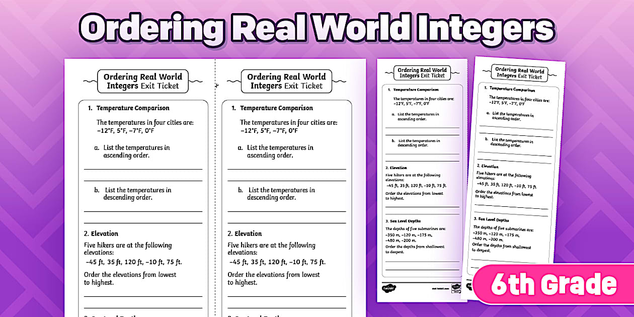 Sixth Grade Ordering Real World Integers Exit Ticket