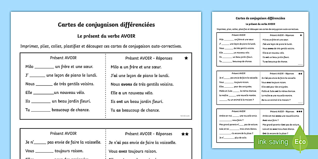 Cartes de conjugaison : AVOIR au présent