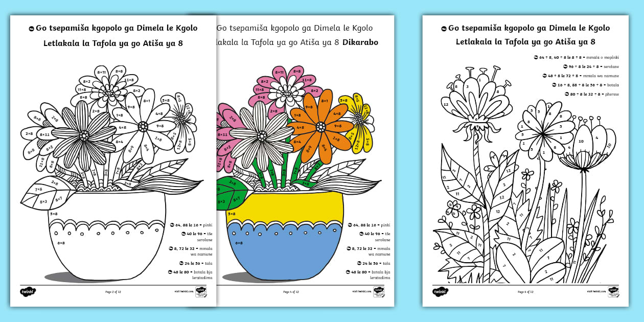 Plants and Growth 8 Times Tables Colouring Pages-Sepedi