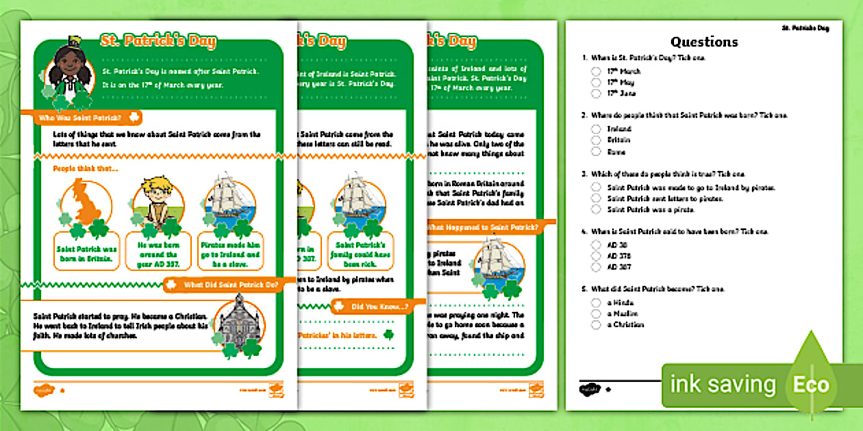 KS1 St. Patrick's Day Differentiated Reading Comprehension Activity