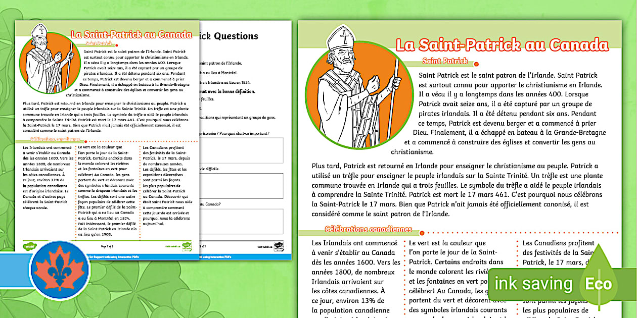 St. Patrick's Day in Canada Reading Comprehension French