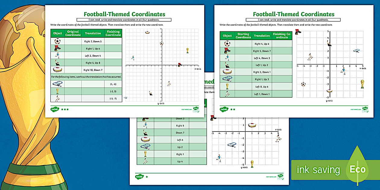 Football Themed Coordinates in 4 Quadrants Differentiated Worksheets
