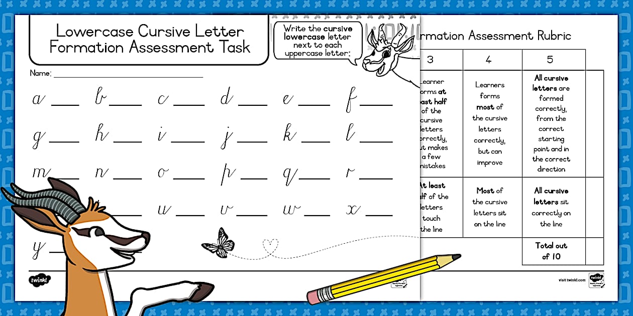 Grade 3 English Lowercase Cursive Letter Formation Assessment and Rubric