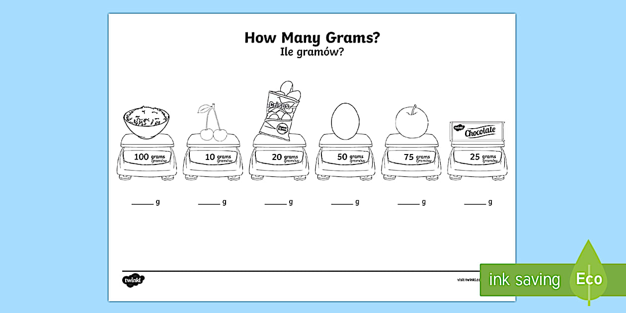 How Many Grams? Worksheet / Worksheet English/Polish