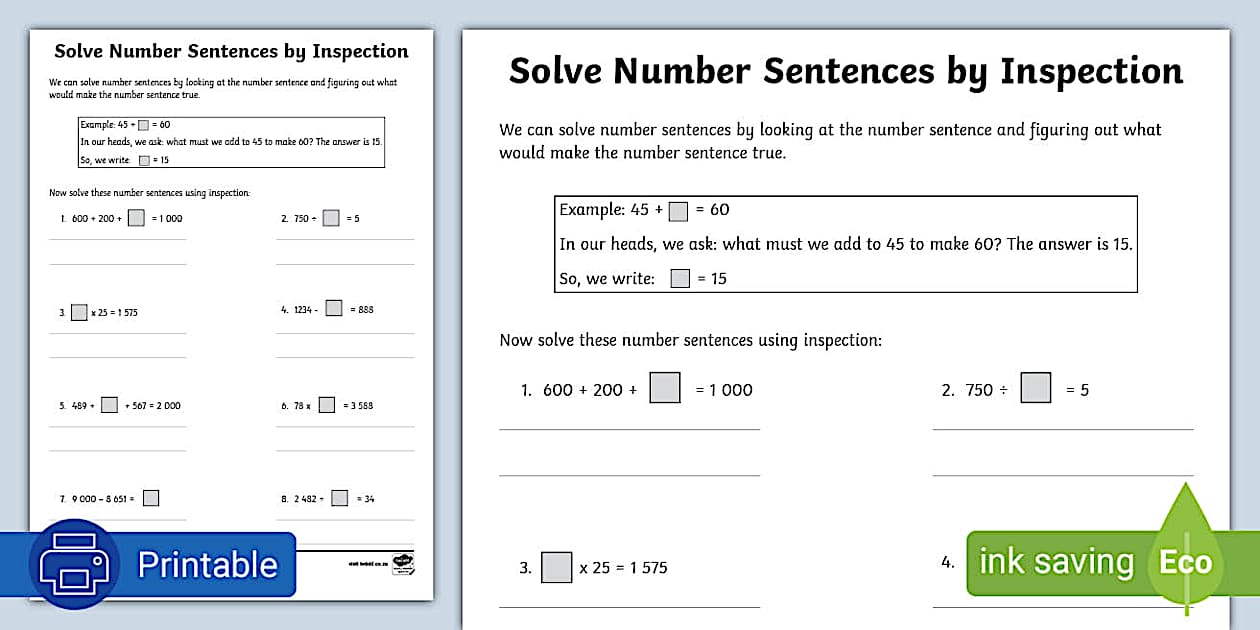 Solve Number Sentences by Inspection Activity Sheet - Twinkl