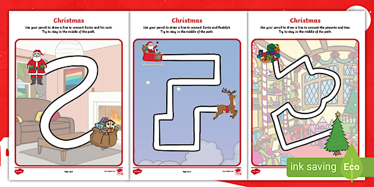 Black and White Christmas Pencil Control Path Worksheets