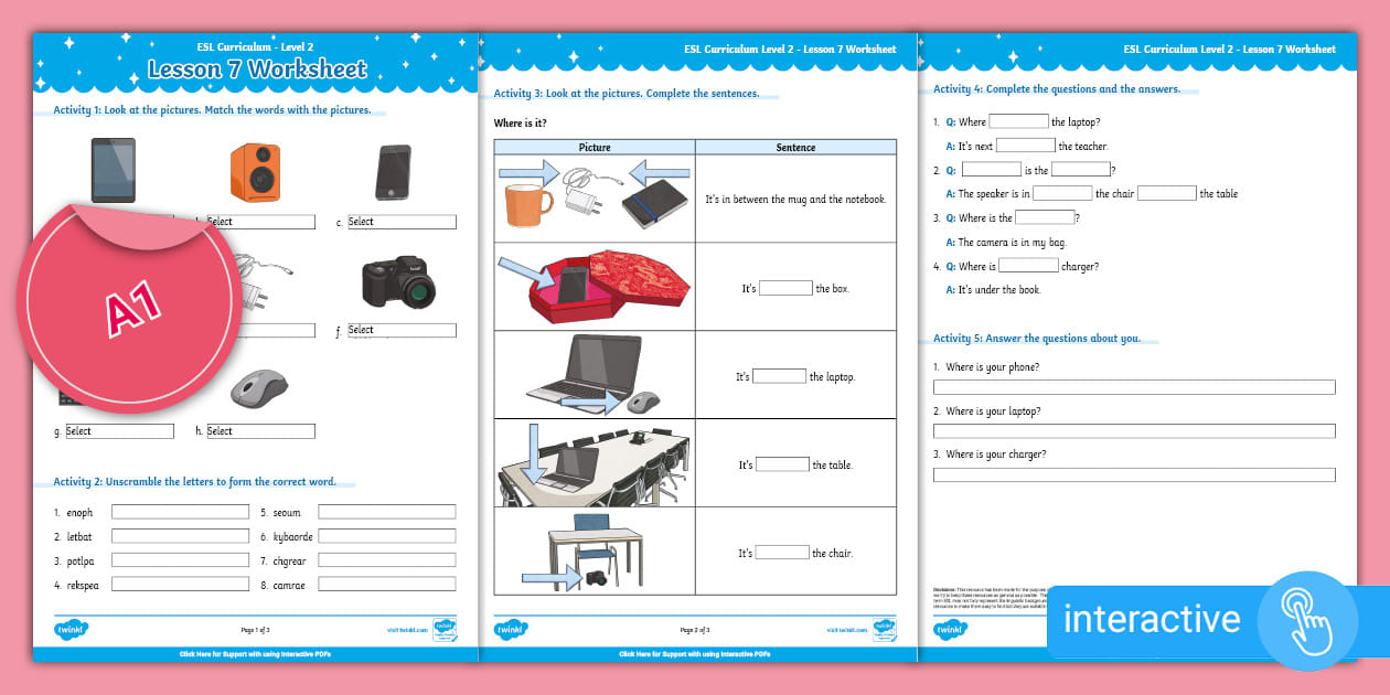 ESL Curriculum Level 2, Lesson 7 Interactive PDF Worksheet
