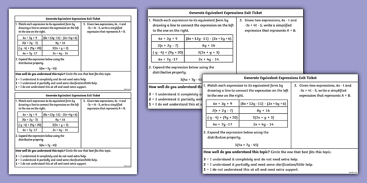 Seventh Grade Generate Equivalent Expressions Exit Ticket