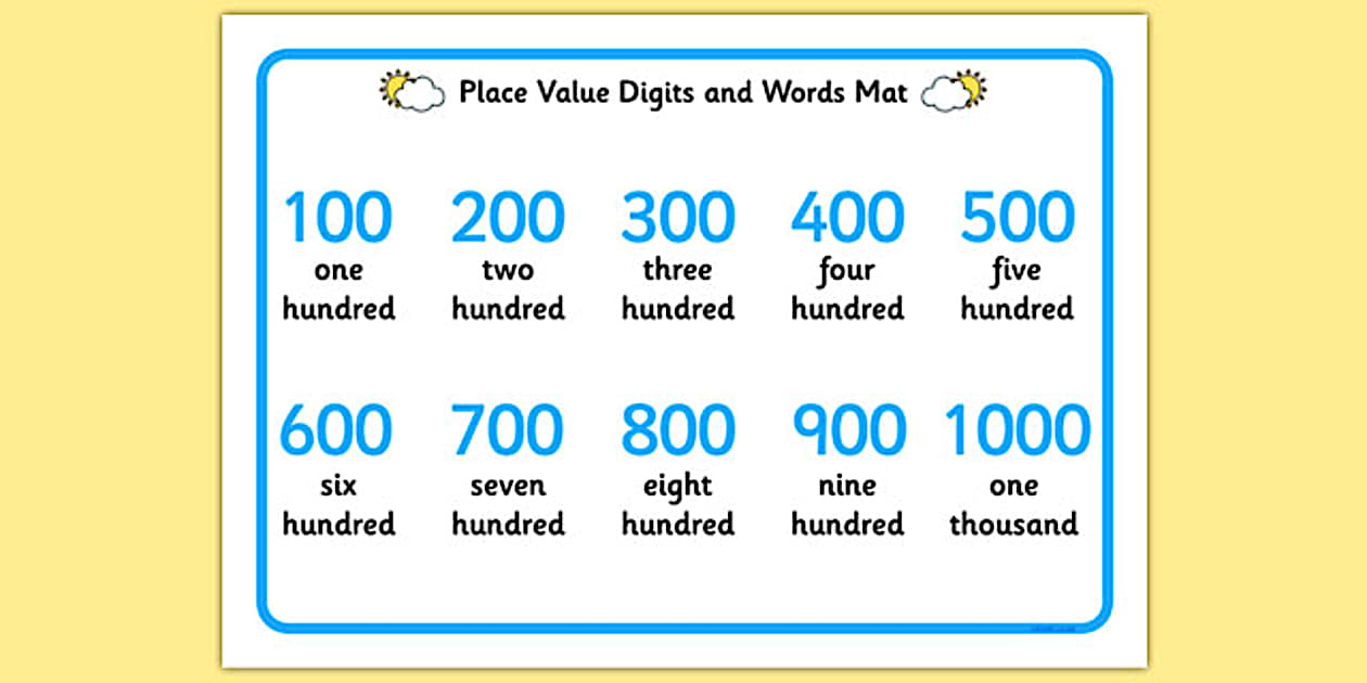 Cursive Place Value Digits and Words Mat 100-1000 - Twinkl