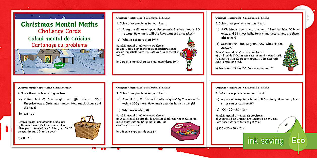 Year 3 Christmas Mental Maths Challenge Cards English/Romanian