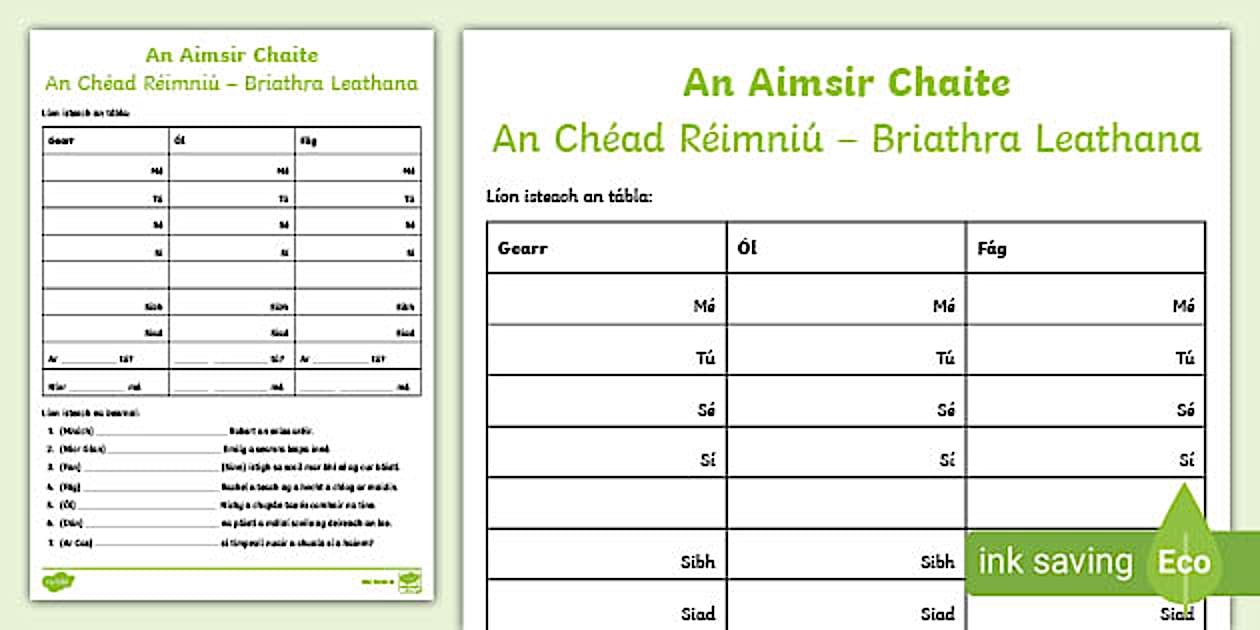 Junior Cycle The Past Tense (An Aimsir Chaite - Briathra Leathan) Using ...