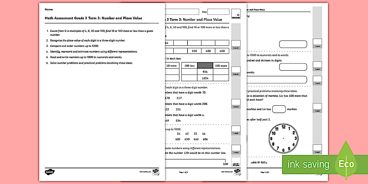 Editable Grade 3 Number and Place Value Term 3 Test - Twinkl