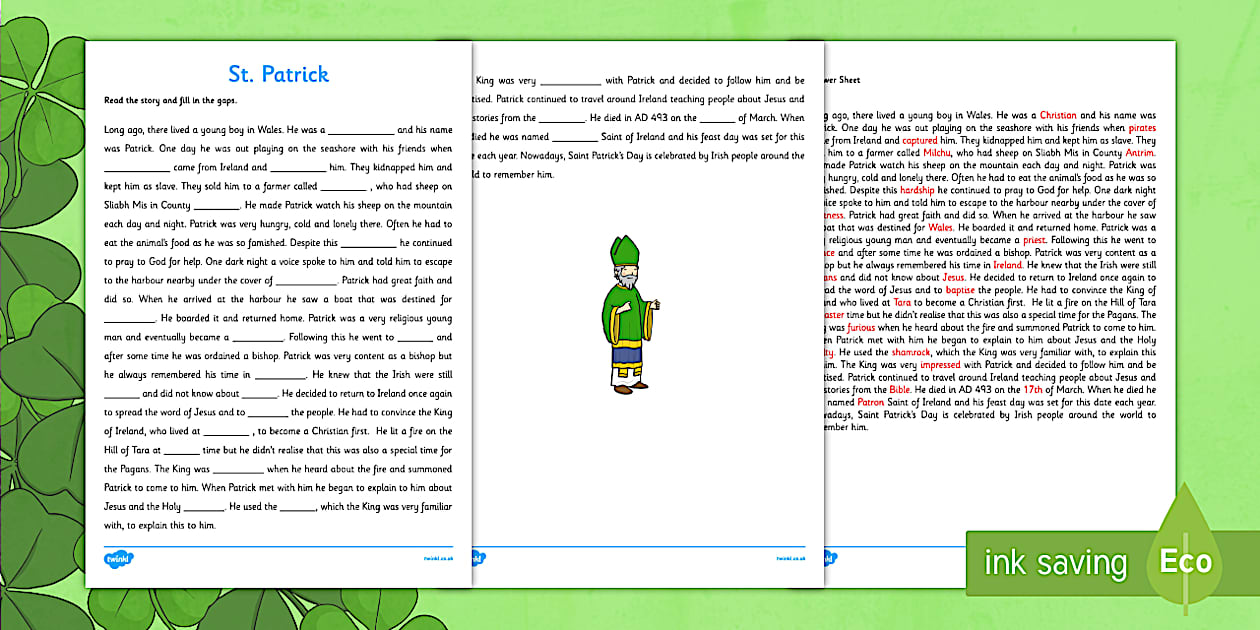 Saint Patrick Third and Fourth Class Reading Comprehension Activity