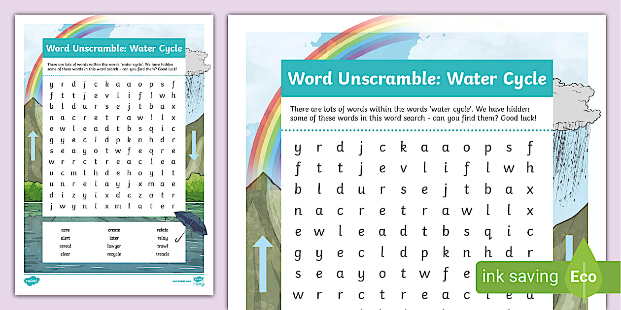 Water Cycle Word Unscramble Word Search,anagrams,water cycle
