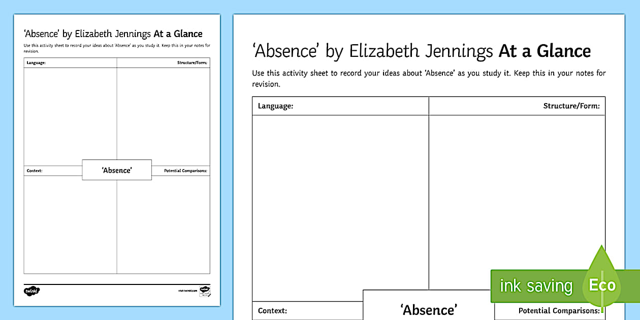 GCSE 'Absence' by Elizabeth Jennings At A Glance Worksheet / Worksheet