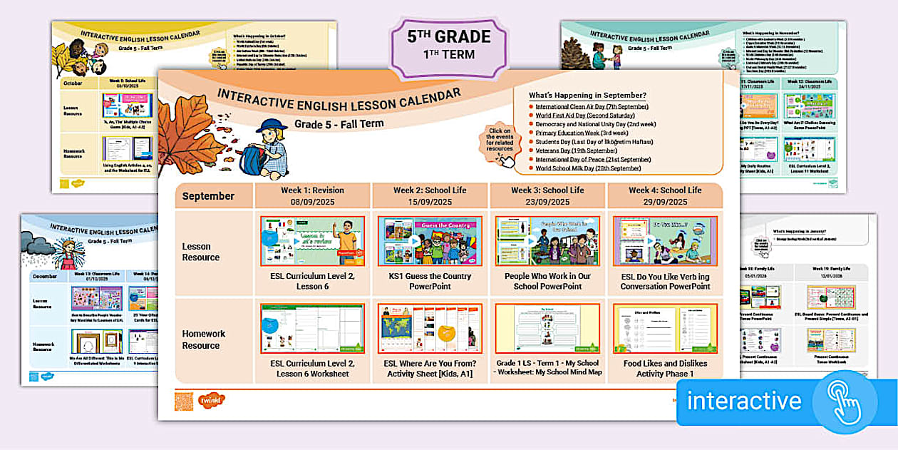 Interactive English Lesson Calendar | Grade 5 - Fall Term