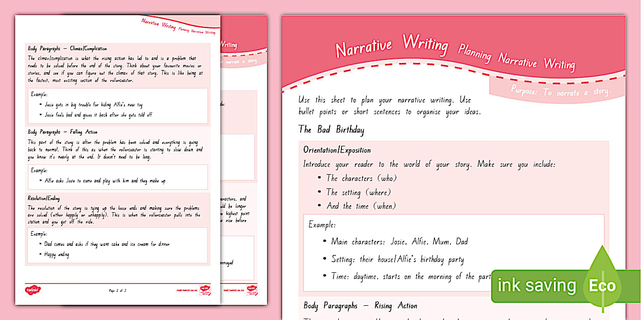Level 3 Writing: Narrative Writing Planning Sheet Example
