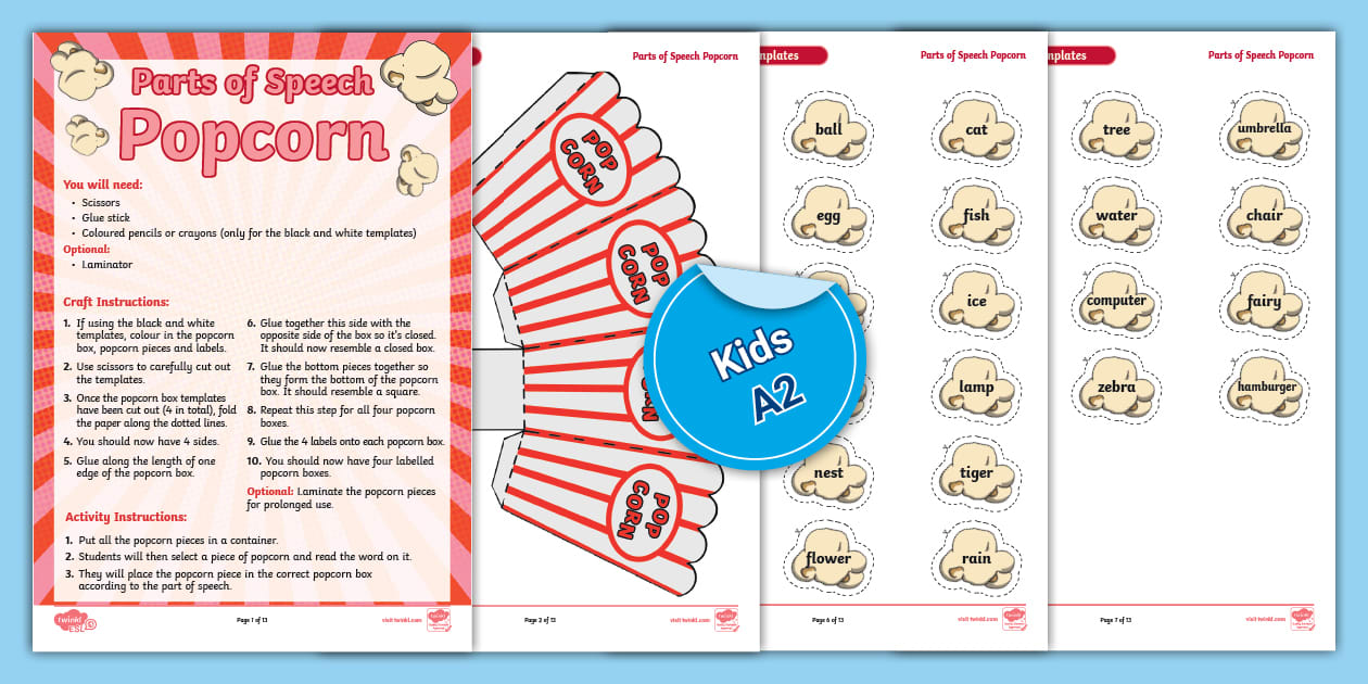 ESL Popcorn Parts of Speech Craft [Kids, A2] (Teacher-Made)