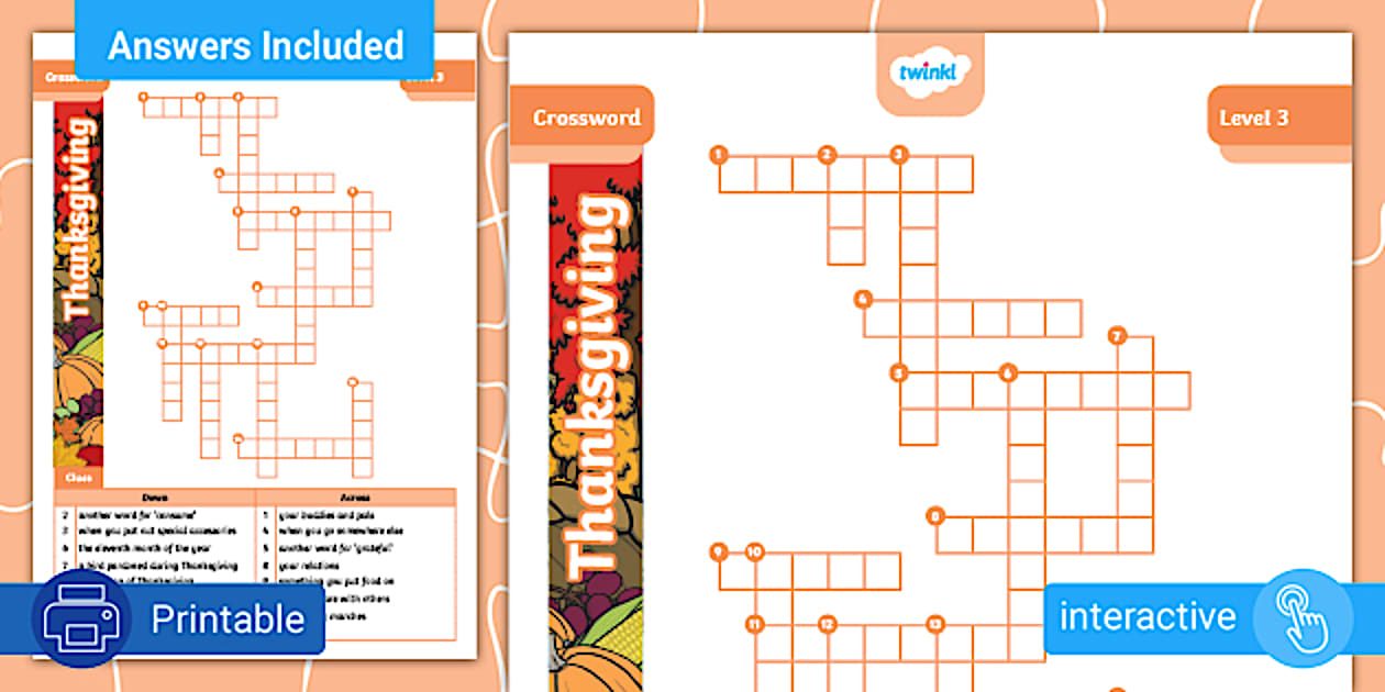 Thanksgiving Crossword - Level 3 - Twinkl - Kids Puzzles