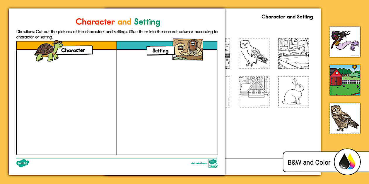 Character and Setting Cut and Paste Sorting Worksheet for K-2nd Grade