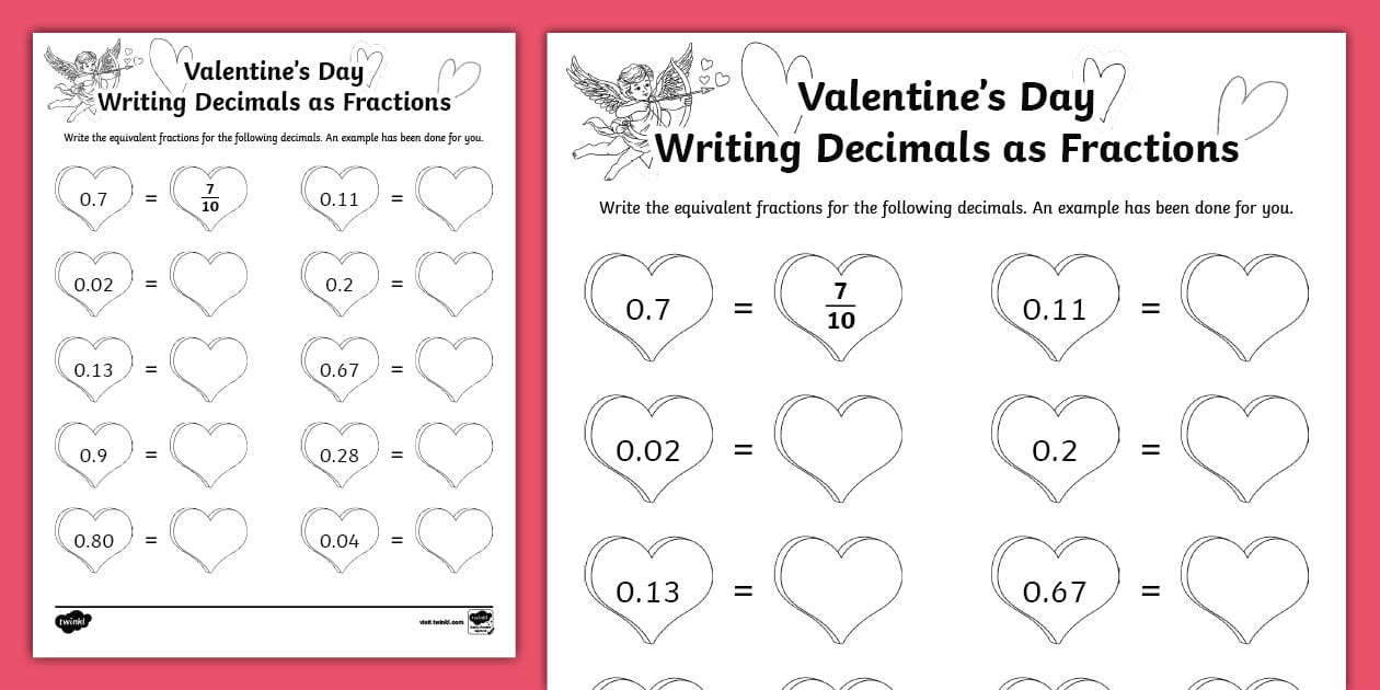 Valentine's Day Writing Decimals as Fractions Activity