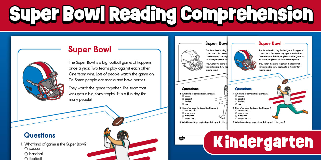 Kindergarten Super Bowl Reading Passage Comprehension Worksheet