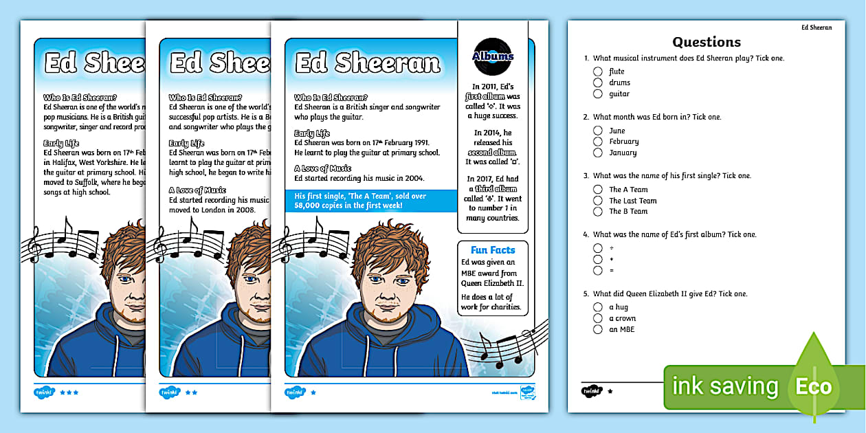 KS1 Ed Sheeran Differentiated Reading Comprehension Activity