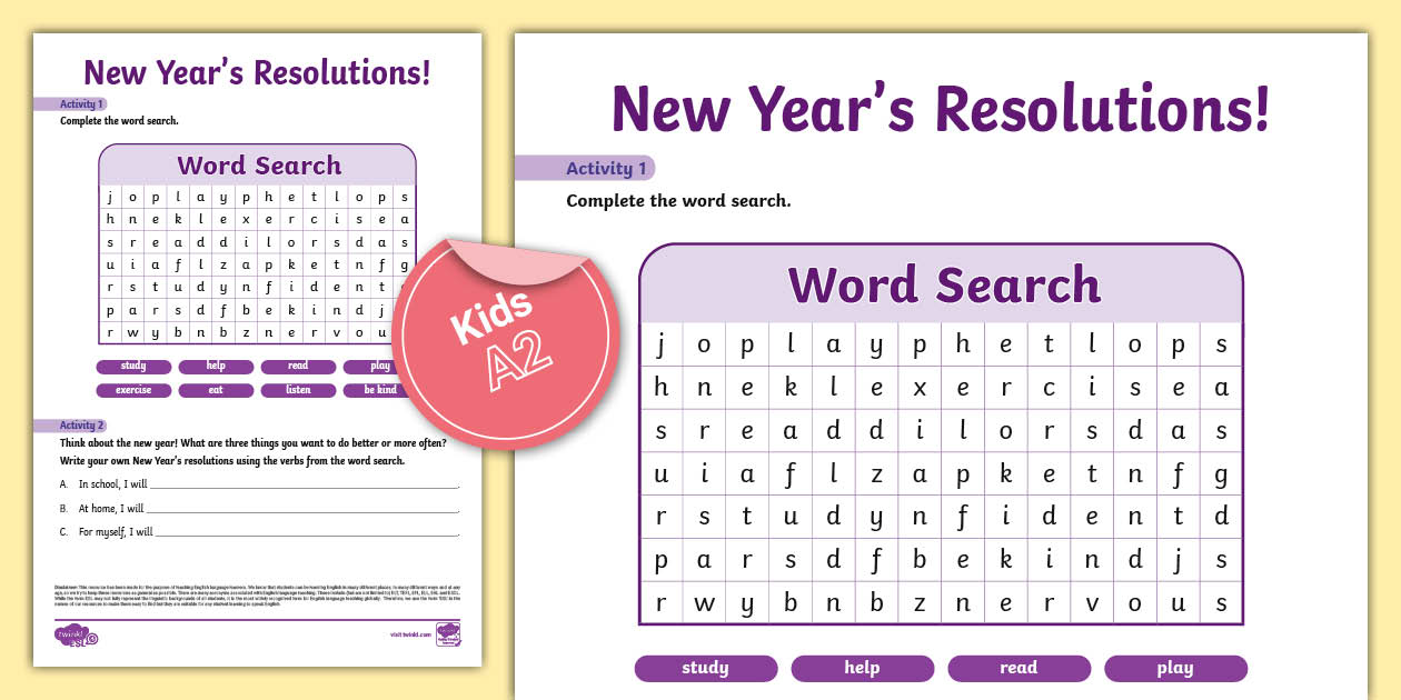 ESL New Year's Resolutions Activity Sheet [Kids, A2]