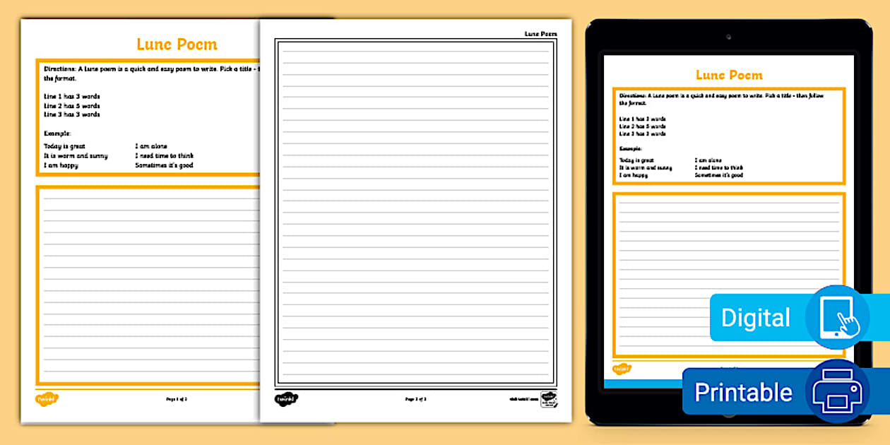Eighth Grade Lune Poem Worksheet (teacher made) - Twinkl