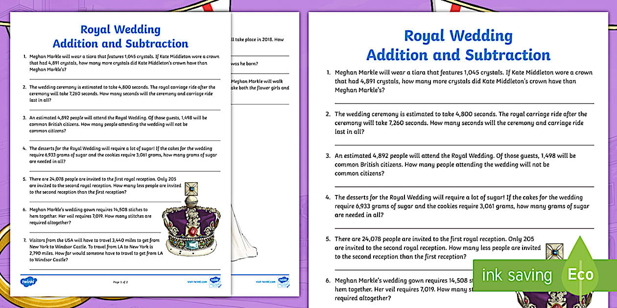Royal Wedding Addition and Subtraction Worksheet - Twinkl