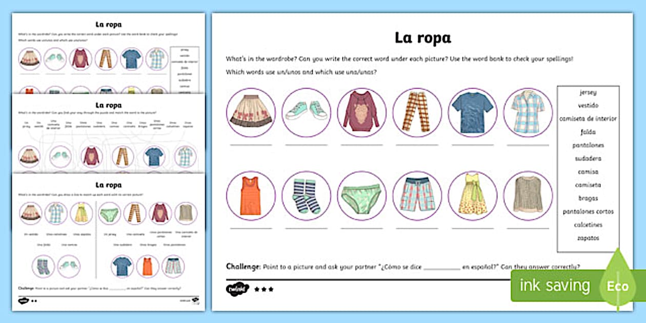 Clothes Worksheet Spanish Clothing words Activity - Twinkl