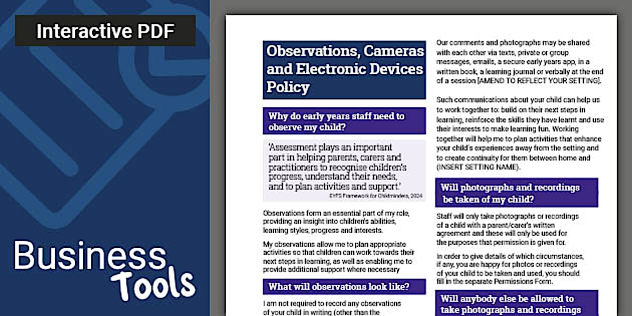 Observations, Cameras & Electronic Device Policy Early Years