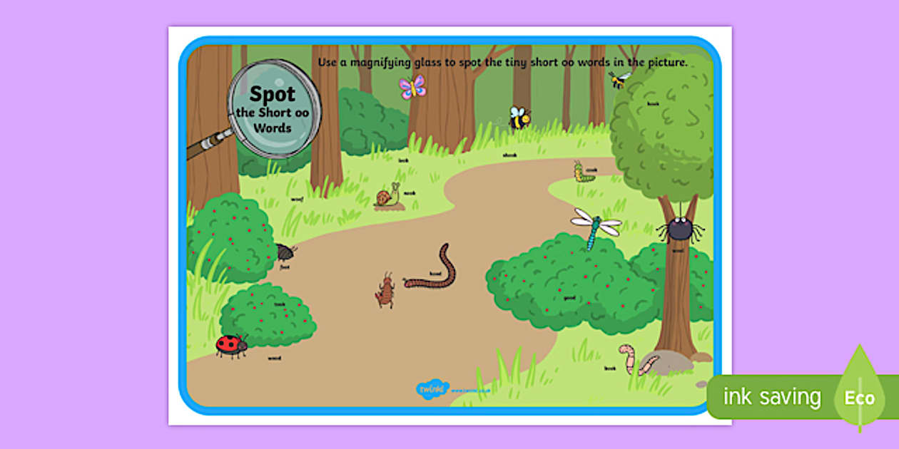 Black and White Phase 3 Short oo Words Minibeasts Scene Magnifying Glass