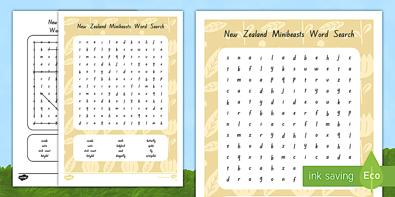 Black and White New Zealand Minibeasts Word Search - Twinkl