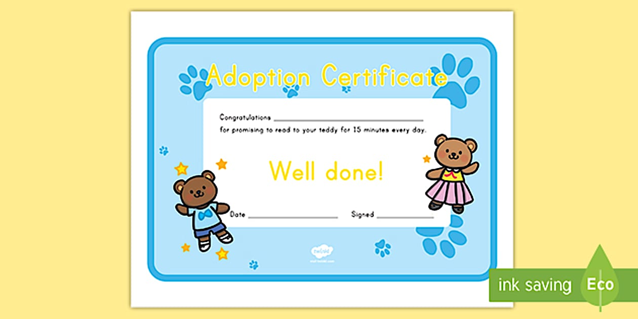 Adopt a Reading Teddy Bear Certificate (teacher made)