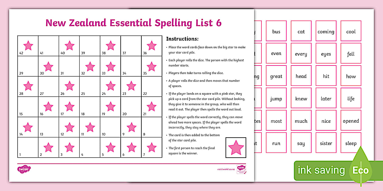New Zealand Essential Spelling List 6 Board Game