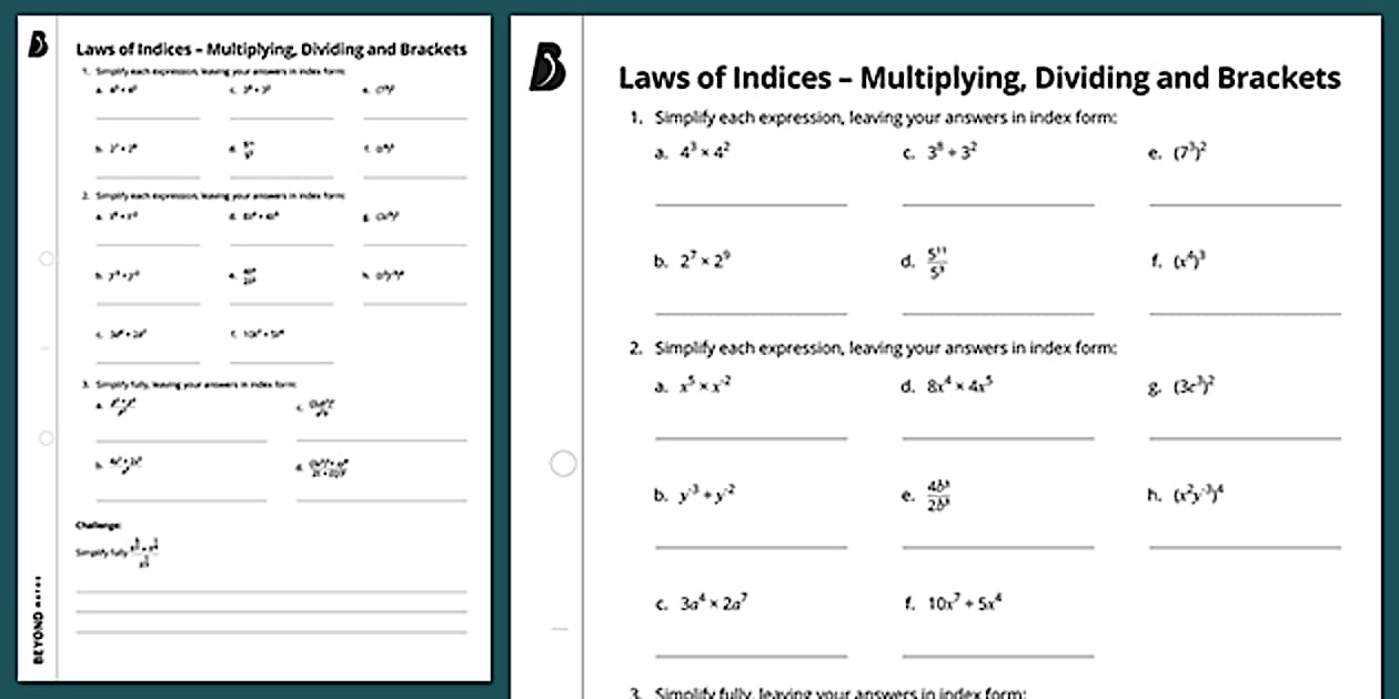👉 Laws of Indices Worksheet: Multiplying, Dividing & Brackets